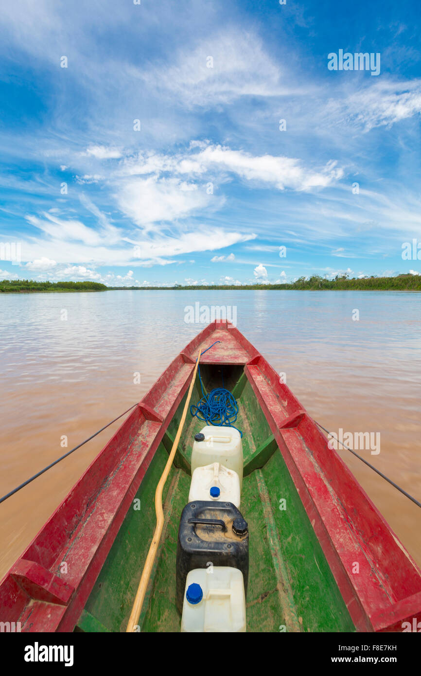 Traveling on a wooden boat on Beni river in Bolivian jungle near ...