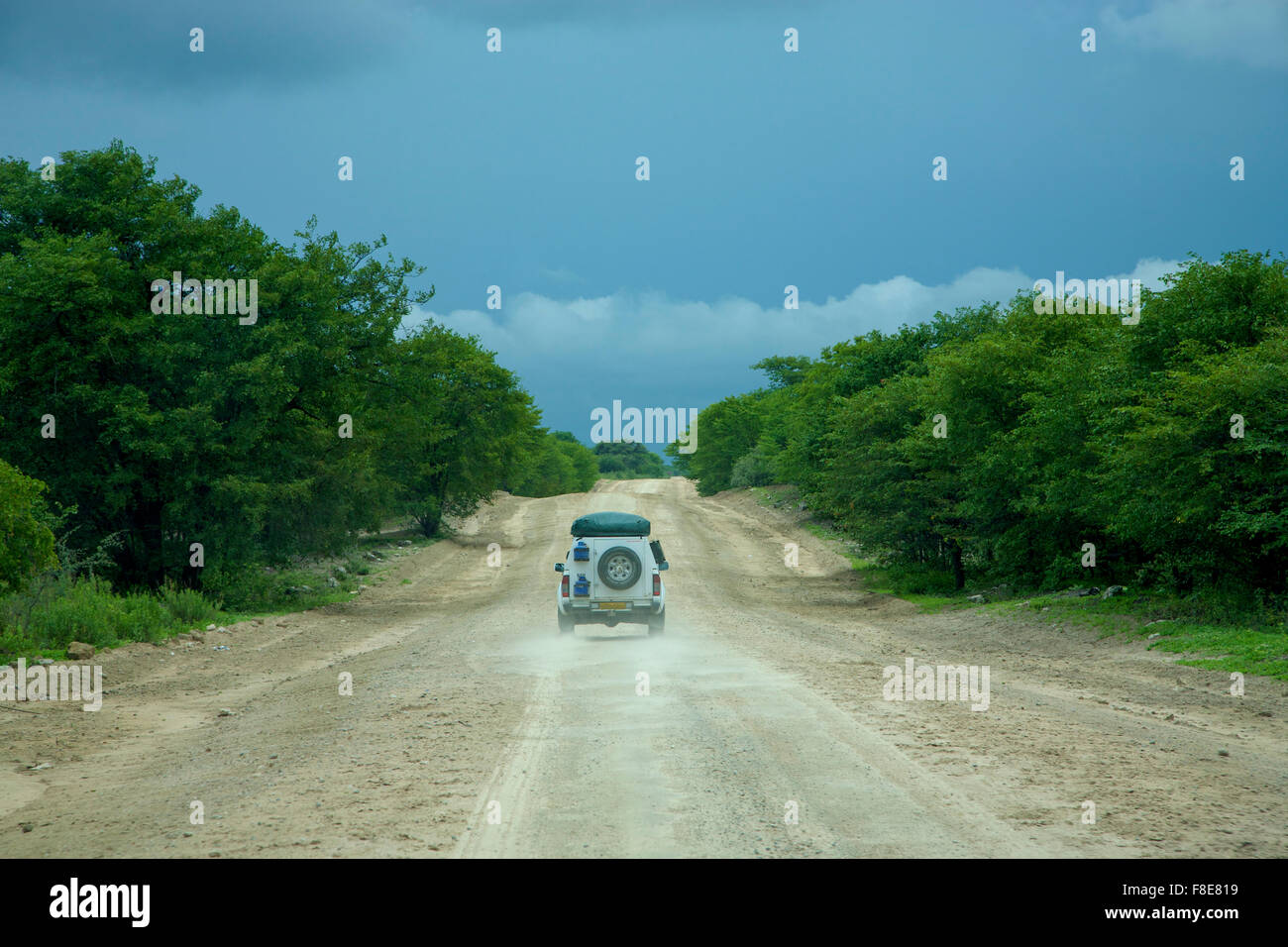 Rear view of fully equipped 4x4 car driving on the wild dirt road ...