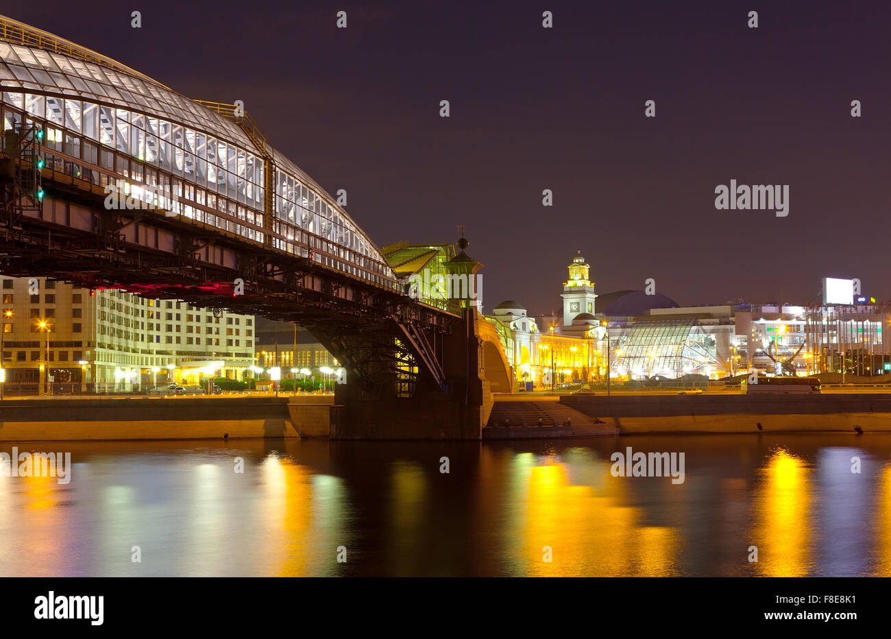 View of Moscow. Pedestrian Bogdan Khmelnitsky Bridge in summer night ...