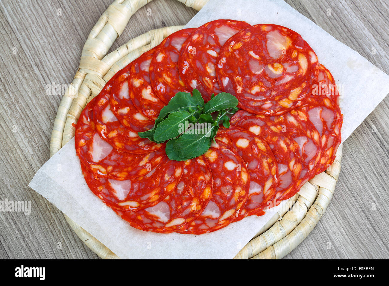 Traditional Spanish salami - Chorizo sausage on the wood background ...