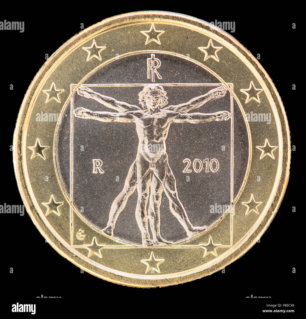 National side of one euro coin issued by Italy isolated on a black ...