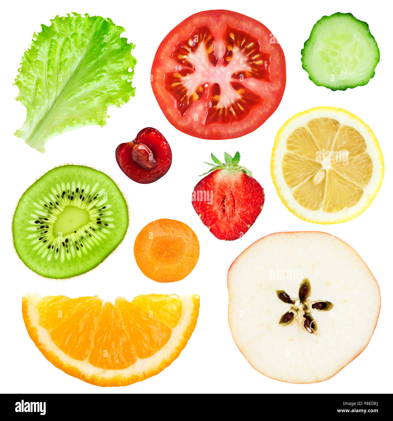 Collection of fresh fruit and vegetable slices on white background Stock Photo - Alamy