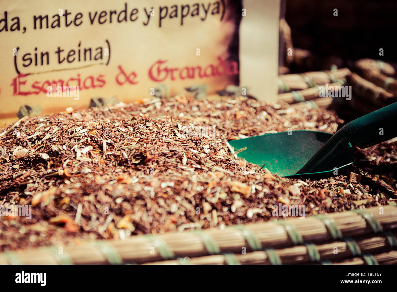 Spices, seeds and tea sold in a traditional market in Granada, Spain ...
