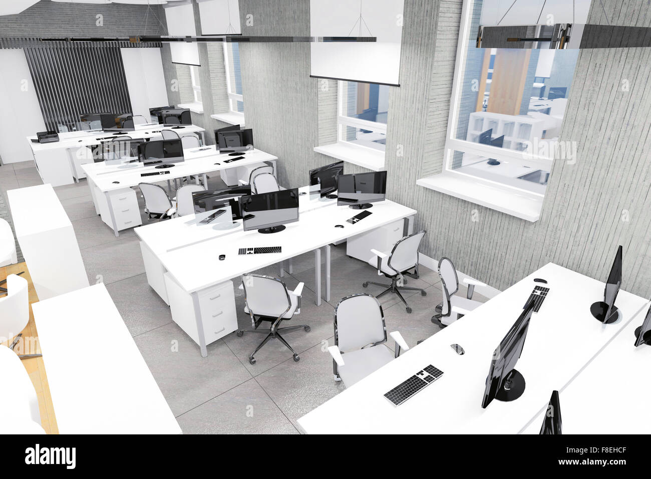 Empty modern office interior work place 3D illustration Stock Photo - Alamy