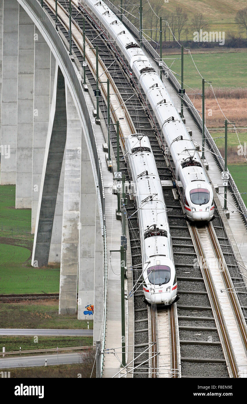 Two ICE express trains ride alongside each other during the dedication ...