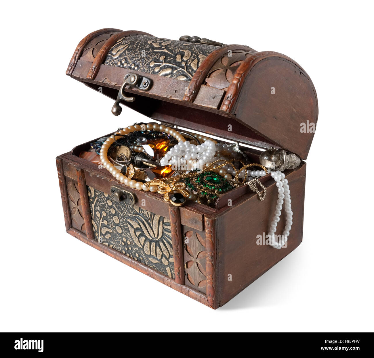 treasure chest with valuables, isolated over white background Stock ...