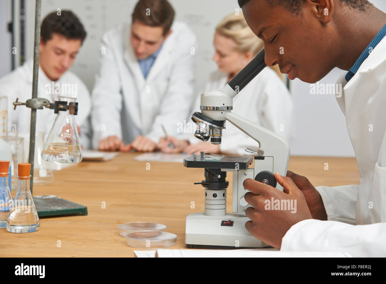 Male Pupil Using Microscope In Science Class Stock Photo - Alamy