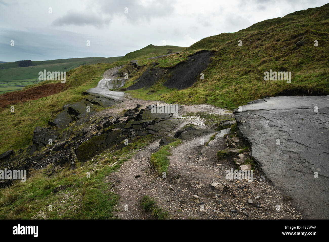 Collapsed A625 road in Peak District UK Stock Photo - Alamy