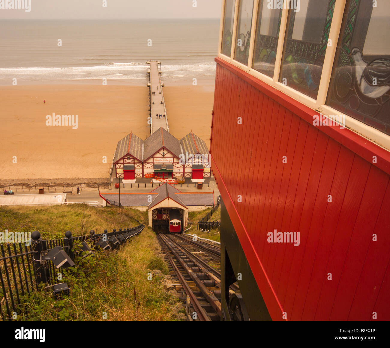 Cliff top view of the funicular railway lift at Saltburn seaside resort ...