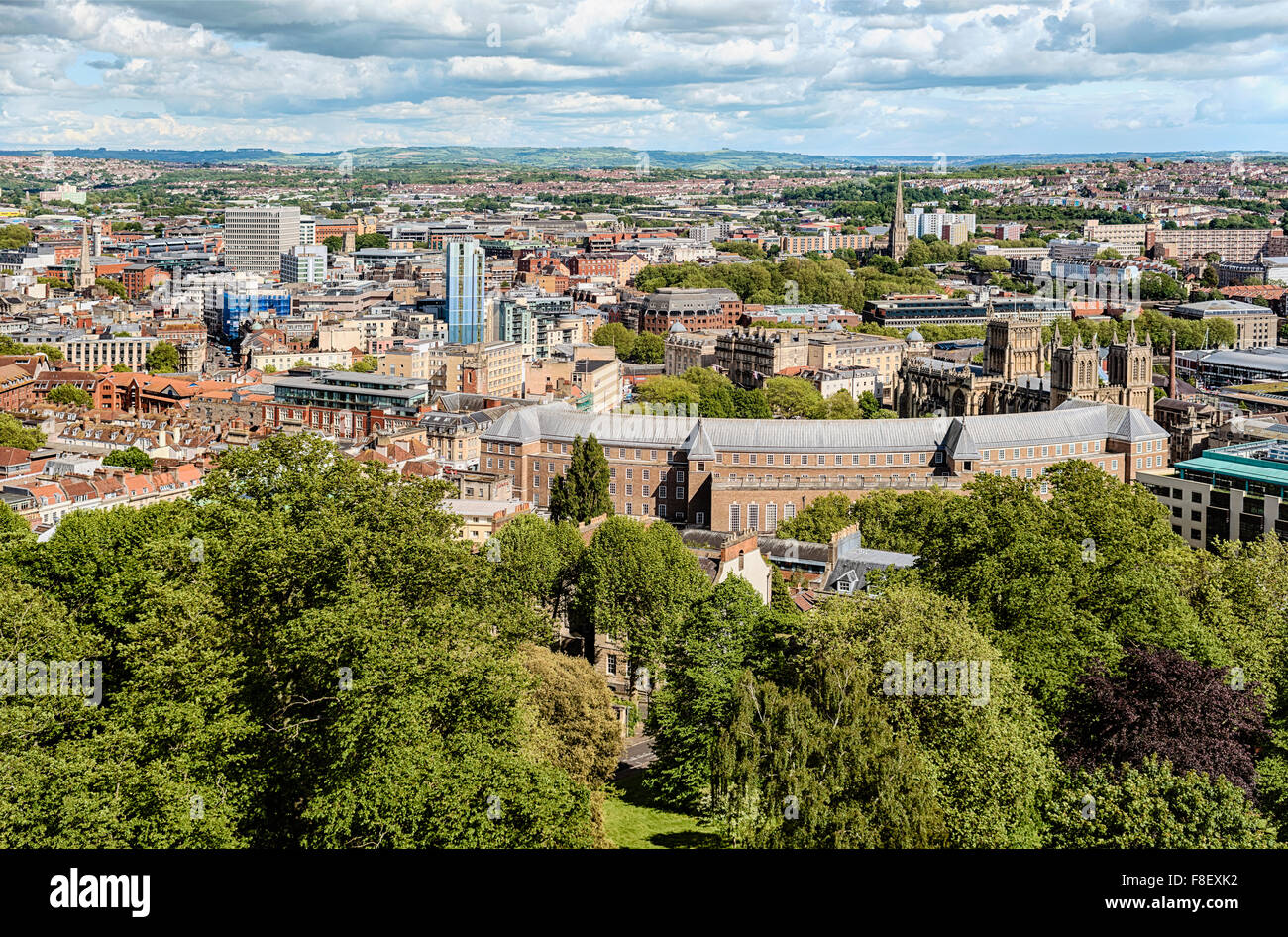 Bristol city view seen from the Cabot Tower at Brandon Hill, Somerset ...