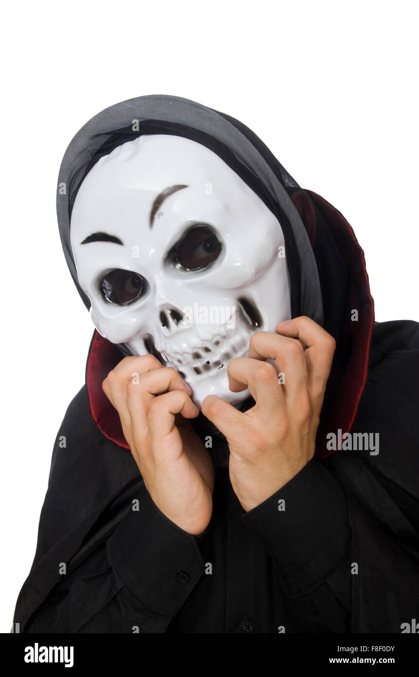 Man in horror costume with mask isolated on white Stock Photo - Alamy
