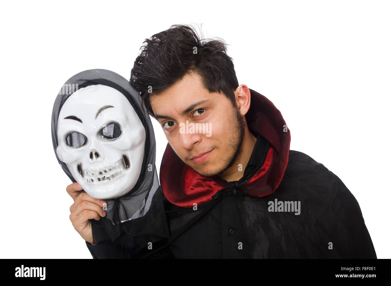 Man in horror costume with mask isolated on white Stock Photo - Alamy