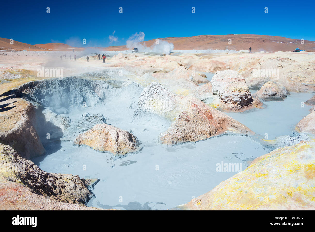 Steaming hot water ponds and mud pots in geothermal region of the ...
