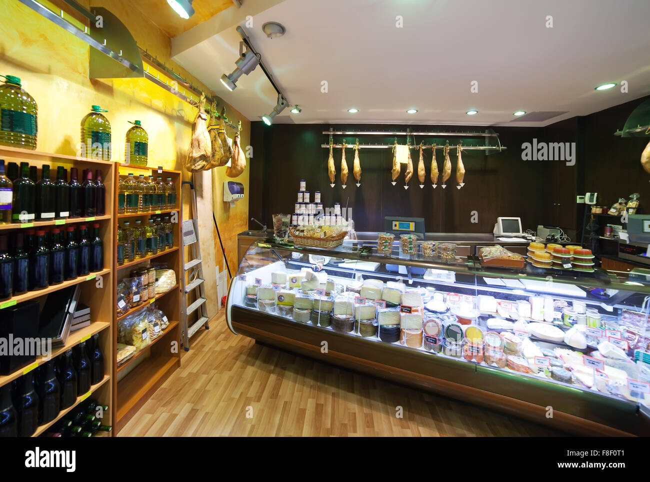 European food shop with cheese and wine Stock Photo - Alamy