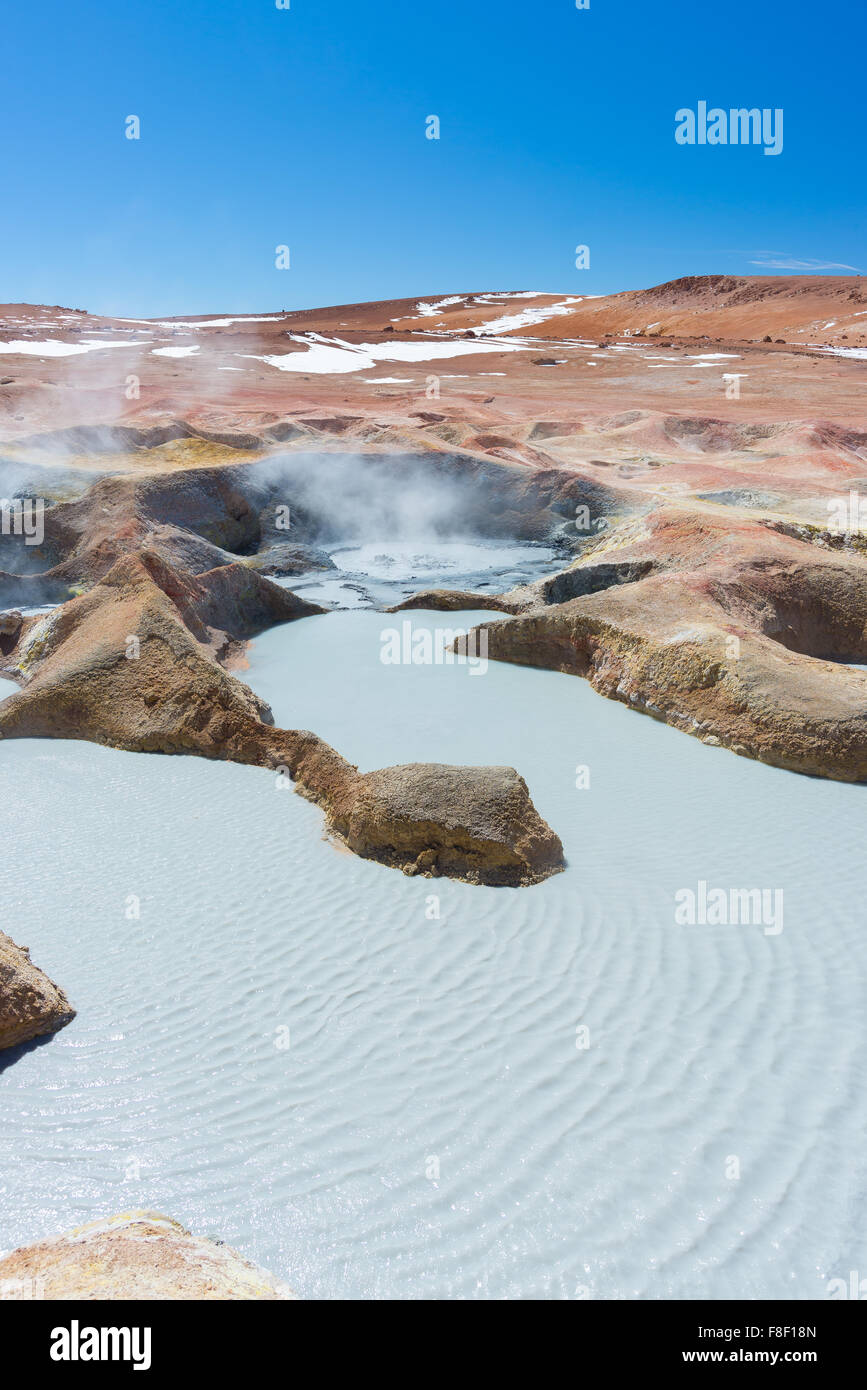Steaming hot water ponds and mud pots in geothermal region of the ...