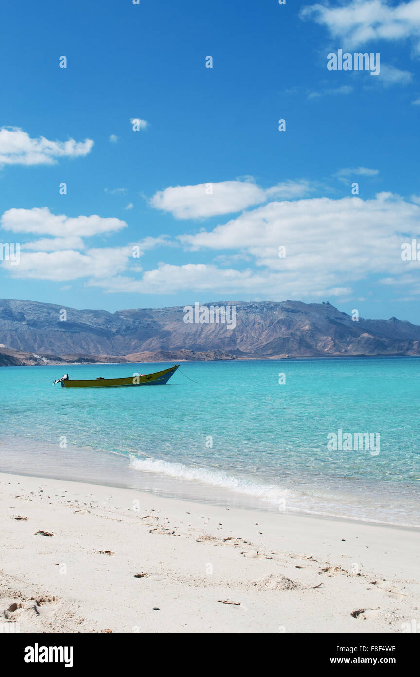 Yemen, Middle East: a speedboat in the crystal clear water of Ras Shuab ...