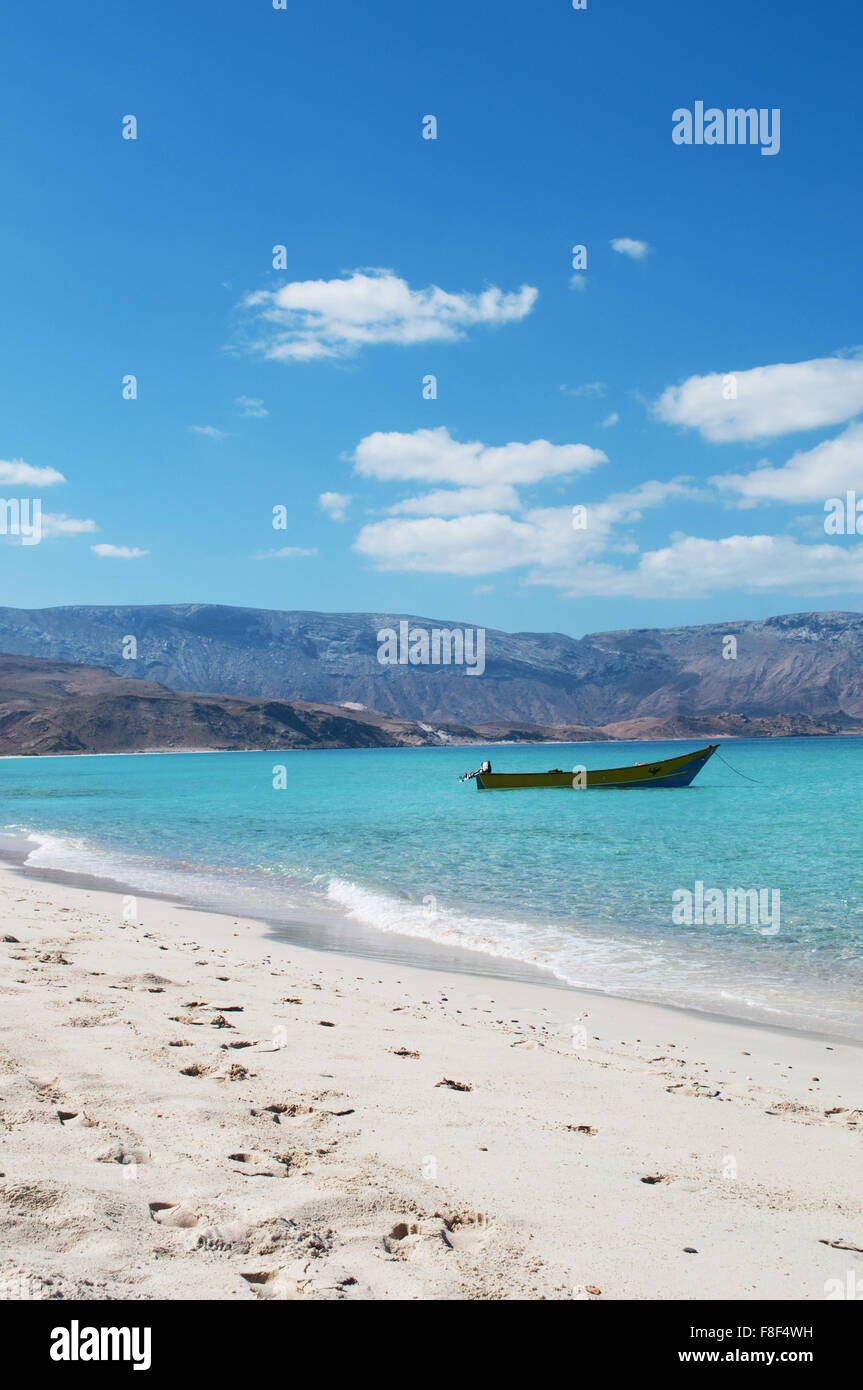 Yemen, Middle East: a speedboat in the crystal clear water of Ras Shuab ...