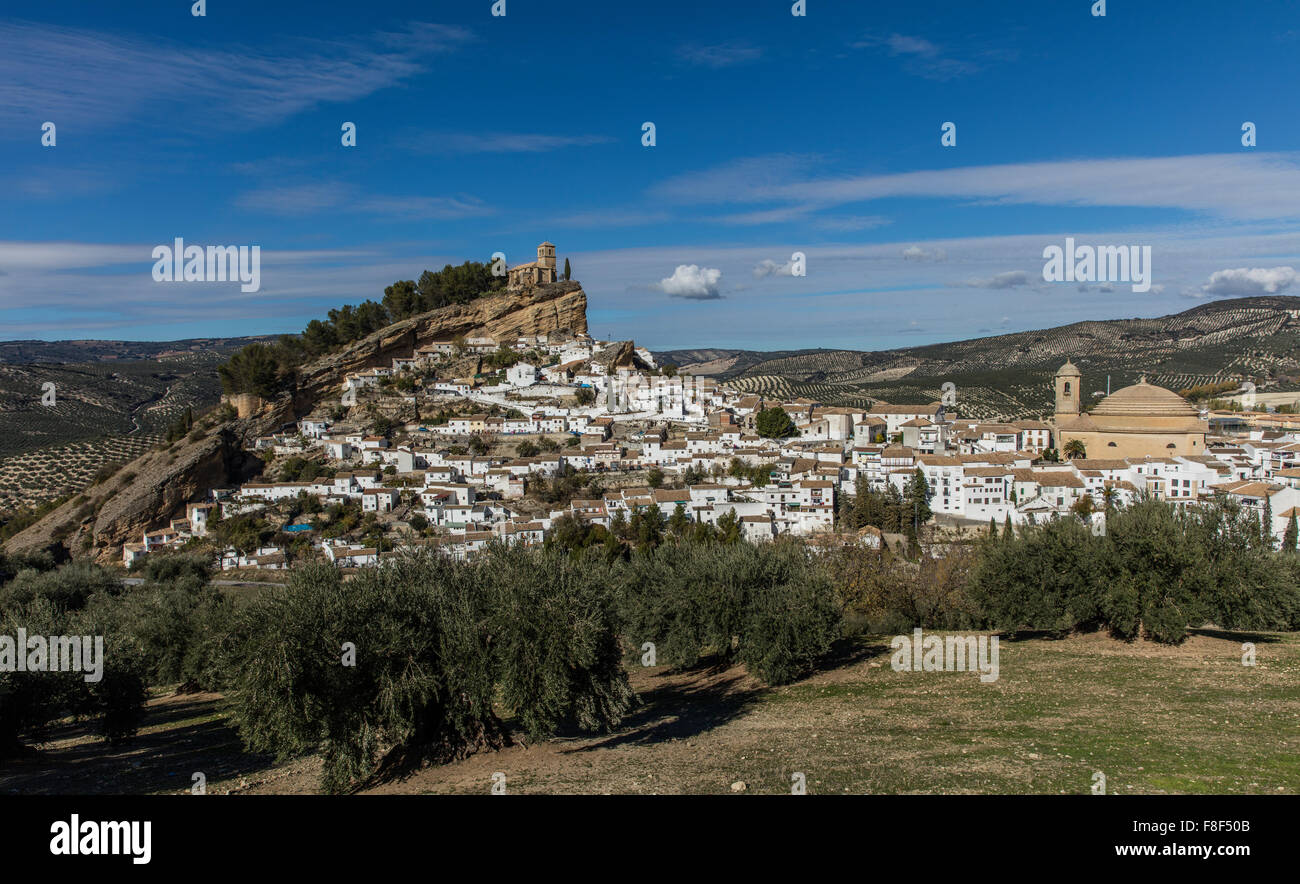 Magnificent view of the Spanish village of Montefrio with white houses ...