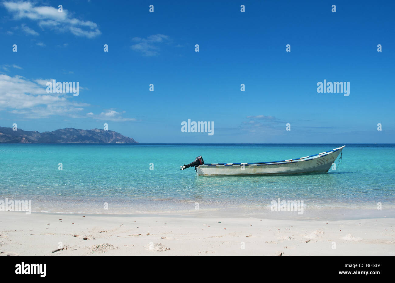 A speedboat in the protected area of Shauab beach, Gulf of Aden ...