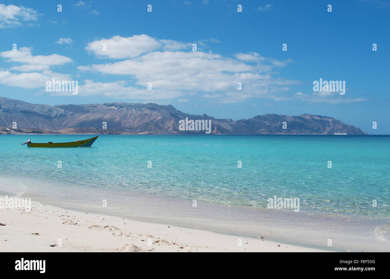 A speedboat in the protected area of Shauab beach, Gulf of Aden ...