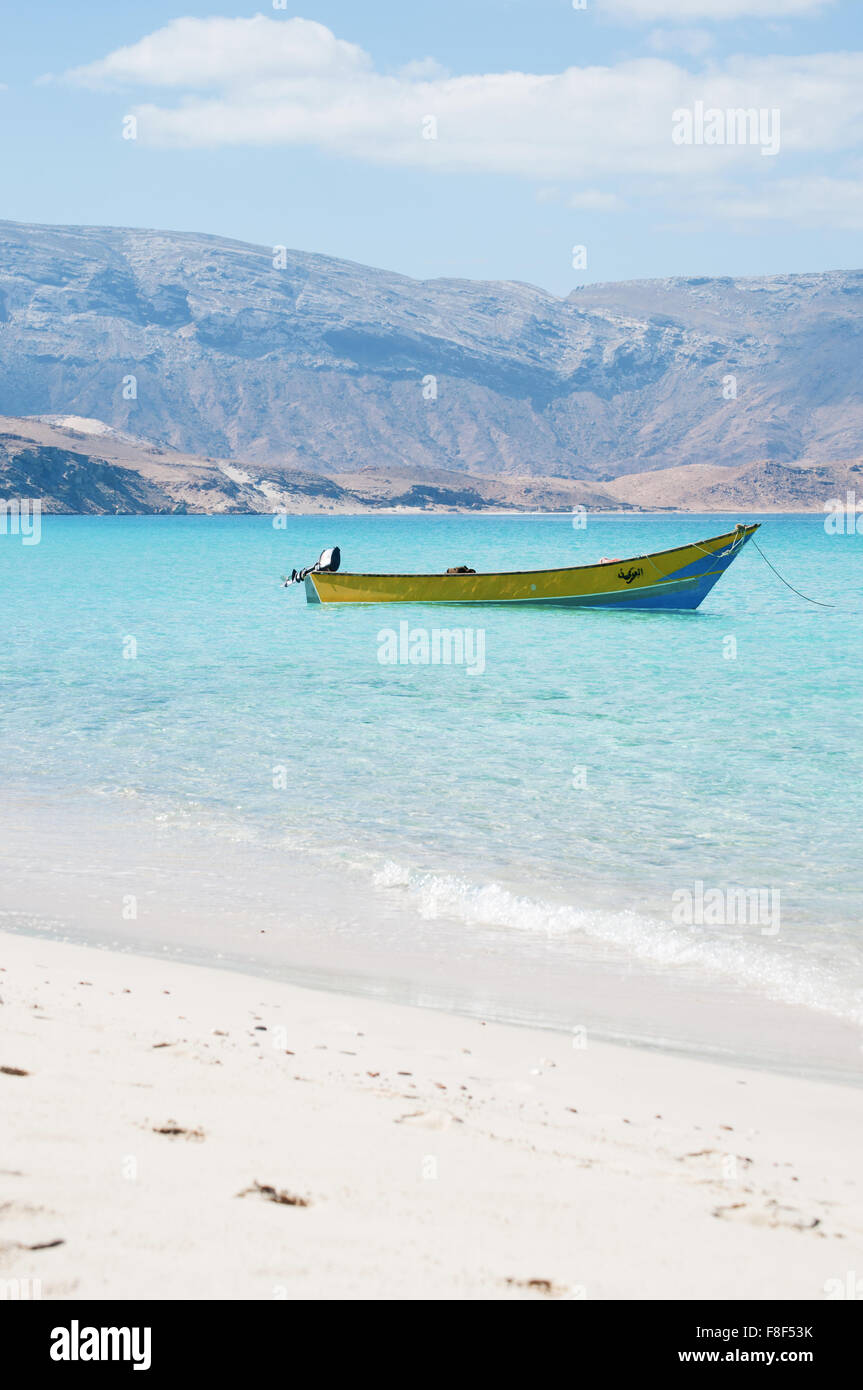 A speedboat in the protected area of Shauab beach, Gulf of Aden ...