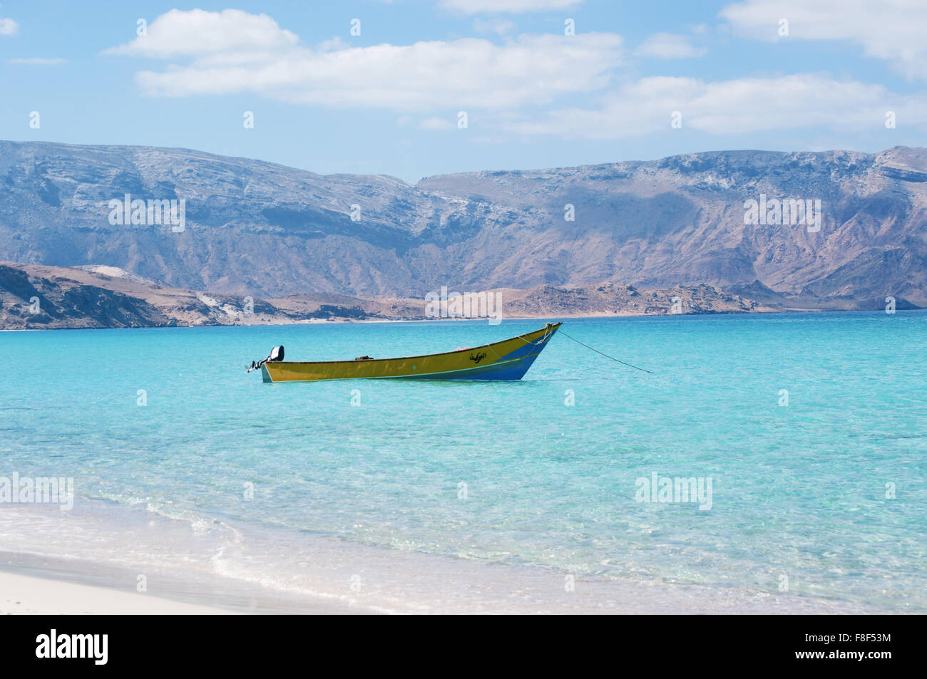 A speedboat in the protected area of Shauab beach, Gulf of Aden ...