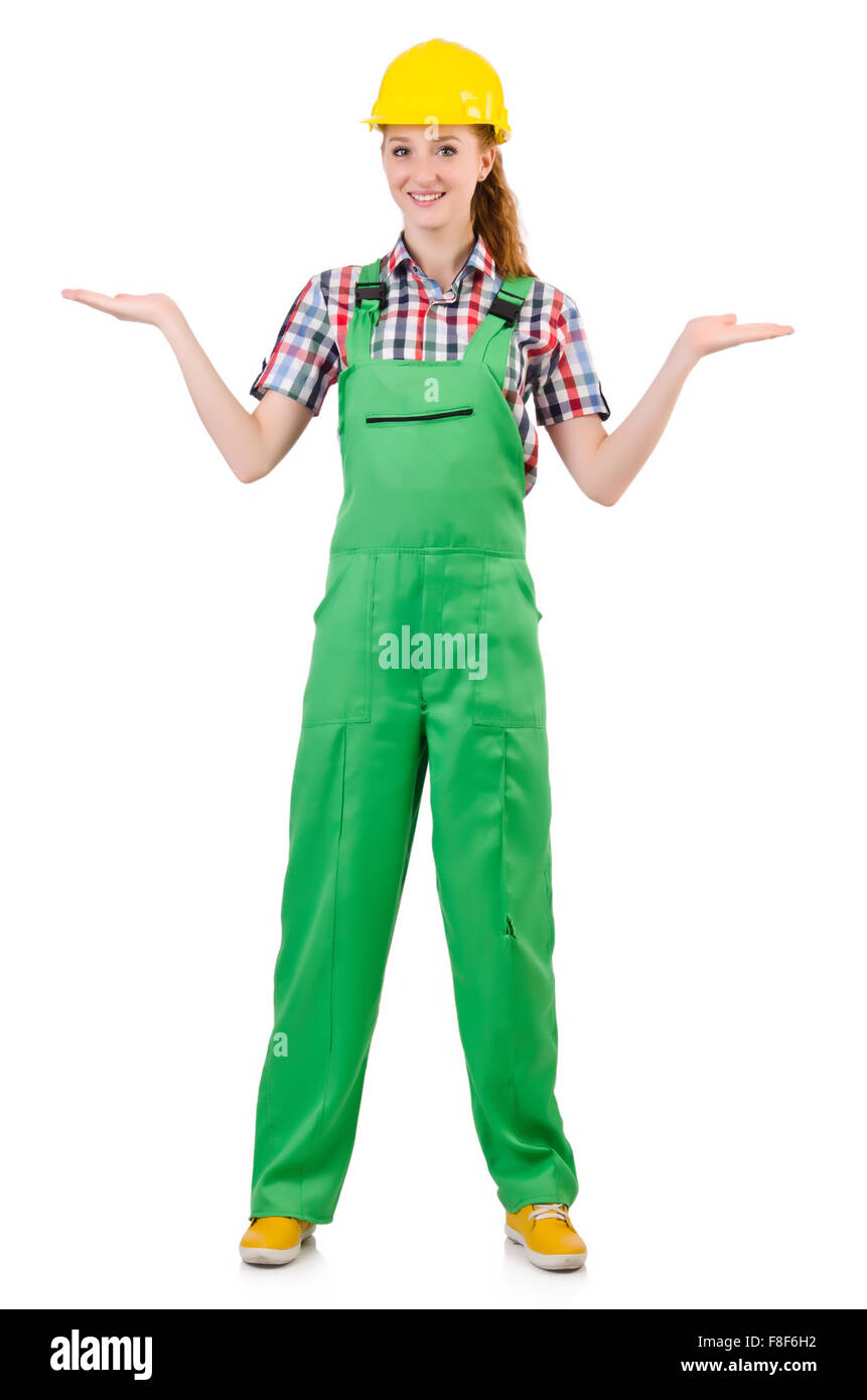 Female handyman in overalls isolated on white Stock Photo - Alamy