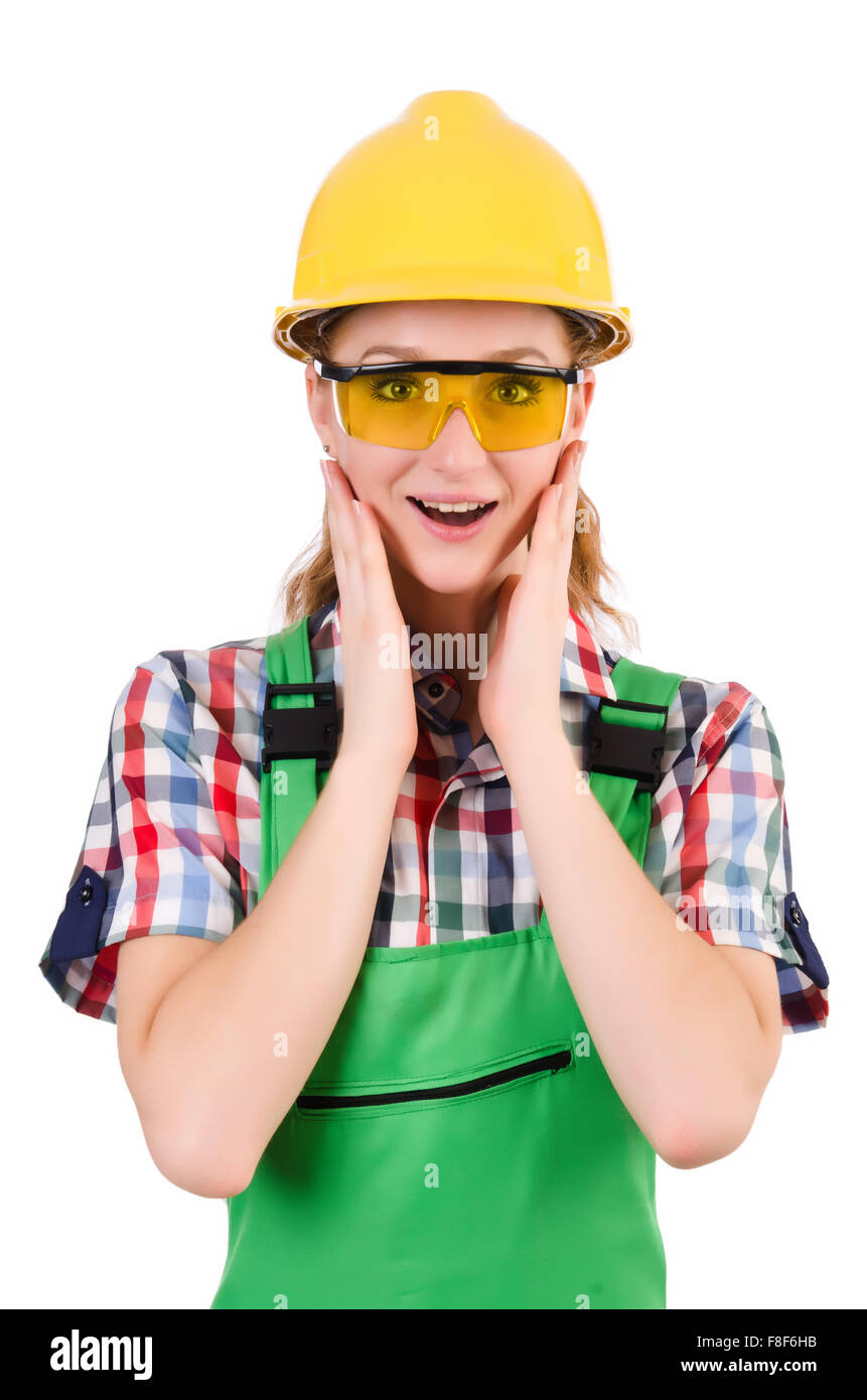 Female handyman in overalls isolated on white Stock Photo - Alamy
