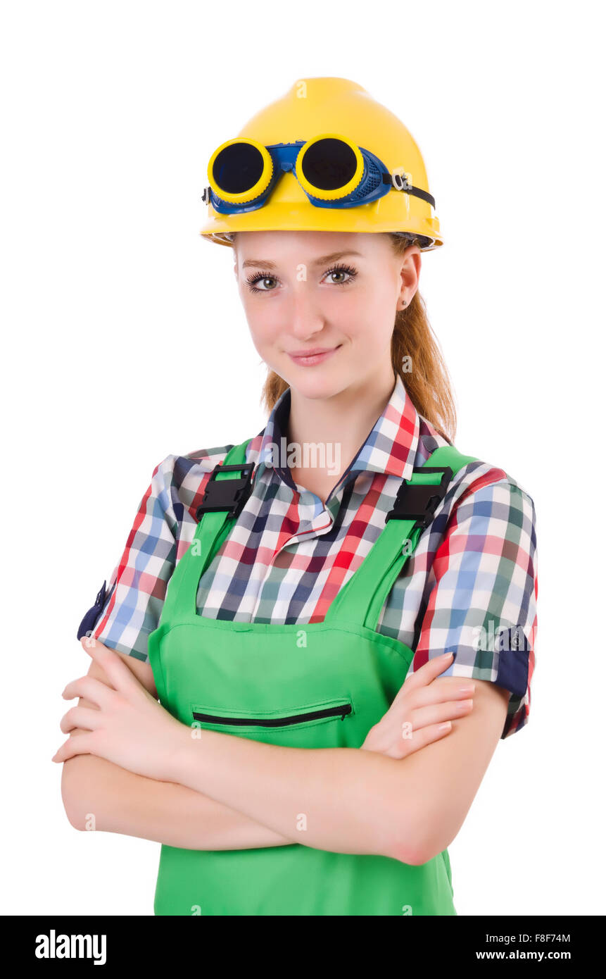Female handyman in overalls isolated on white Stock Photo - Alamy