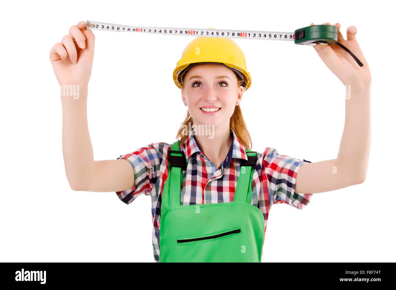 Female handyman in overalls isolated on white Stock Photo - Alamy