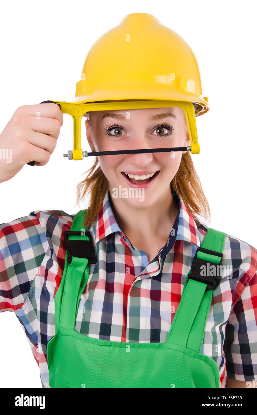 Female handyman in overalls isolated on white Stock Photo - Alamy