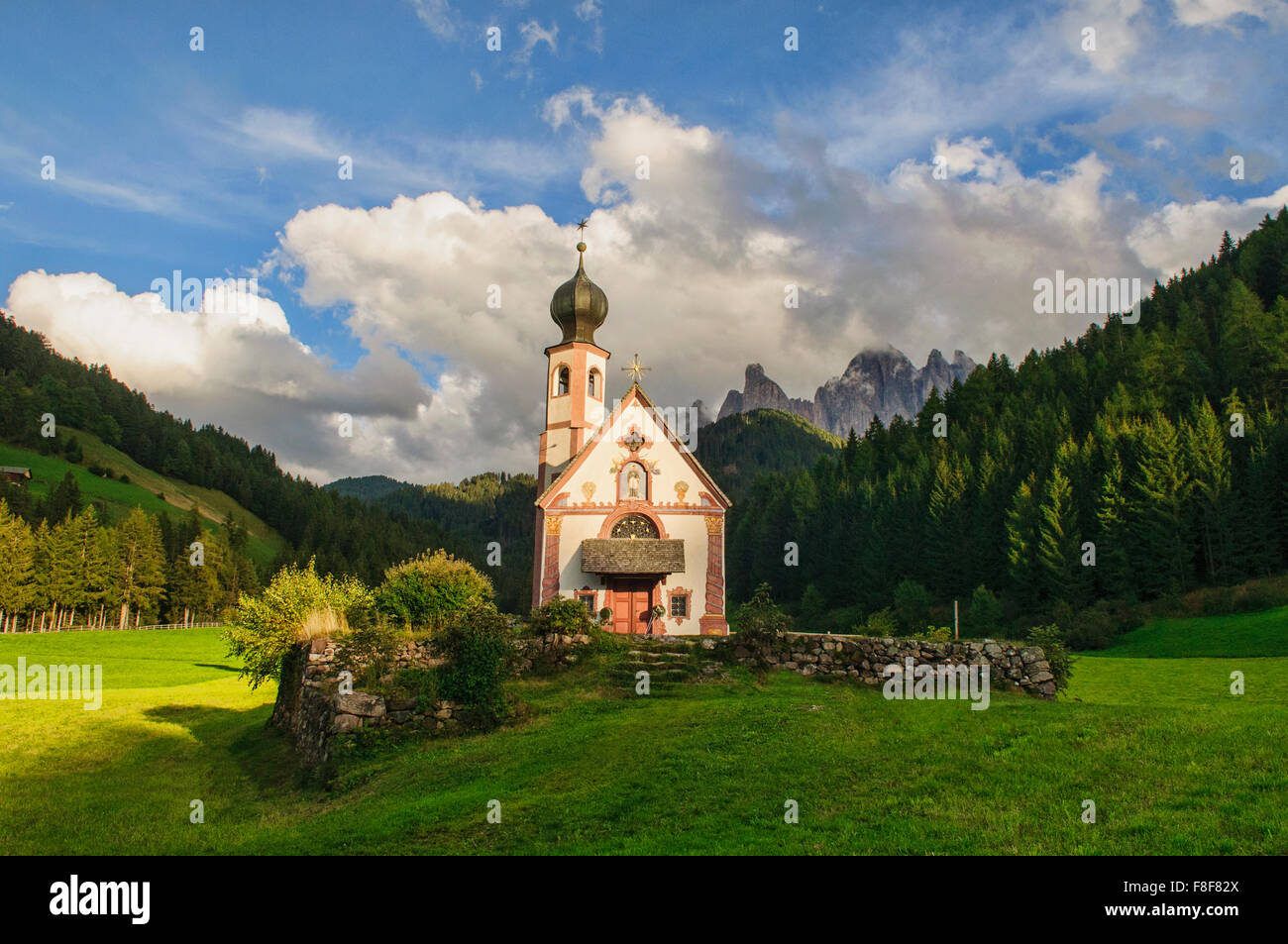 St. Johann church in Ranui, Val di Funes, Dolomites, South Tirol, Italy ...