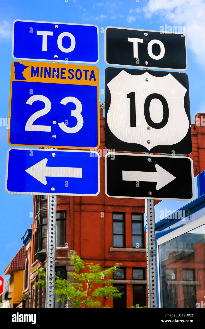 Two road signs, Right to US10 and left to I-23 in Minnesota Stock Photo ...