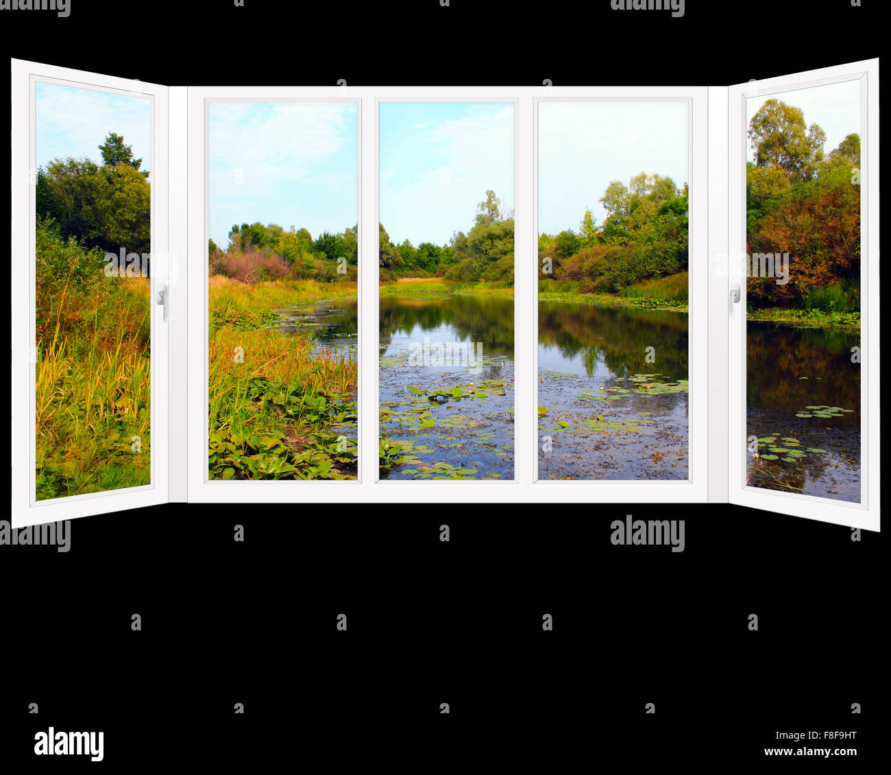 window overlooking the landscape with summer pond Stock Photo - Alamy