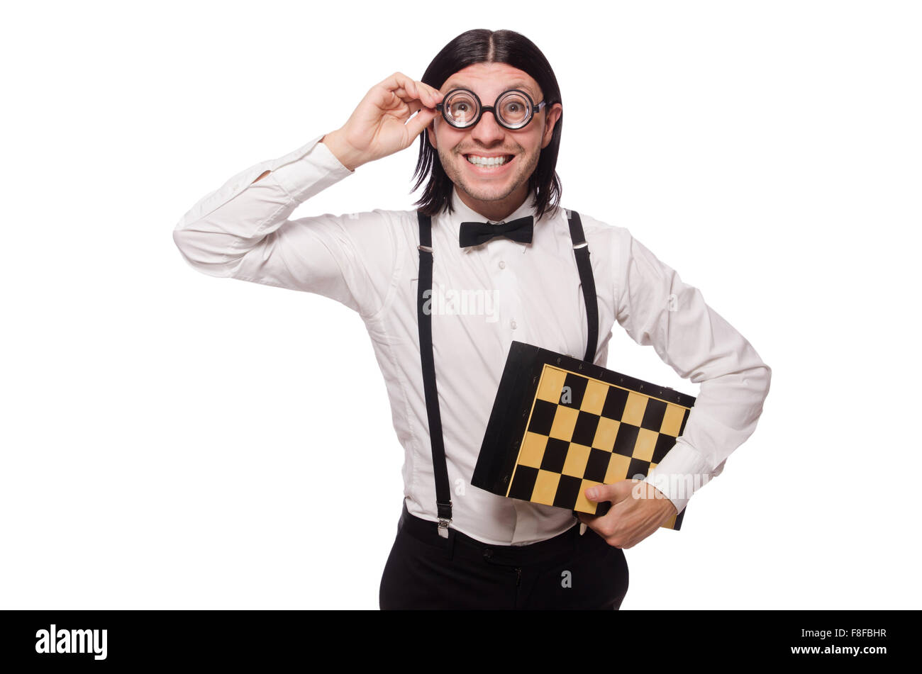 Funny young man with chessboard isolated on white Stock Photo - Alamy