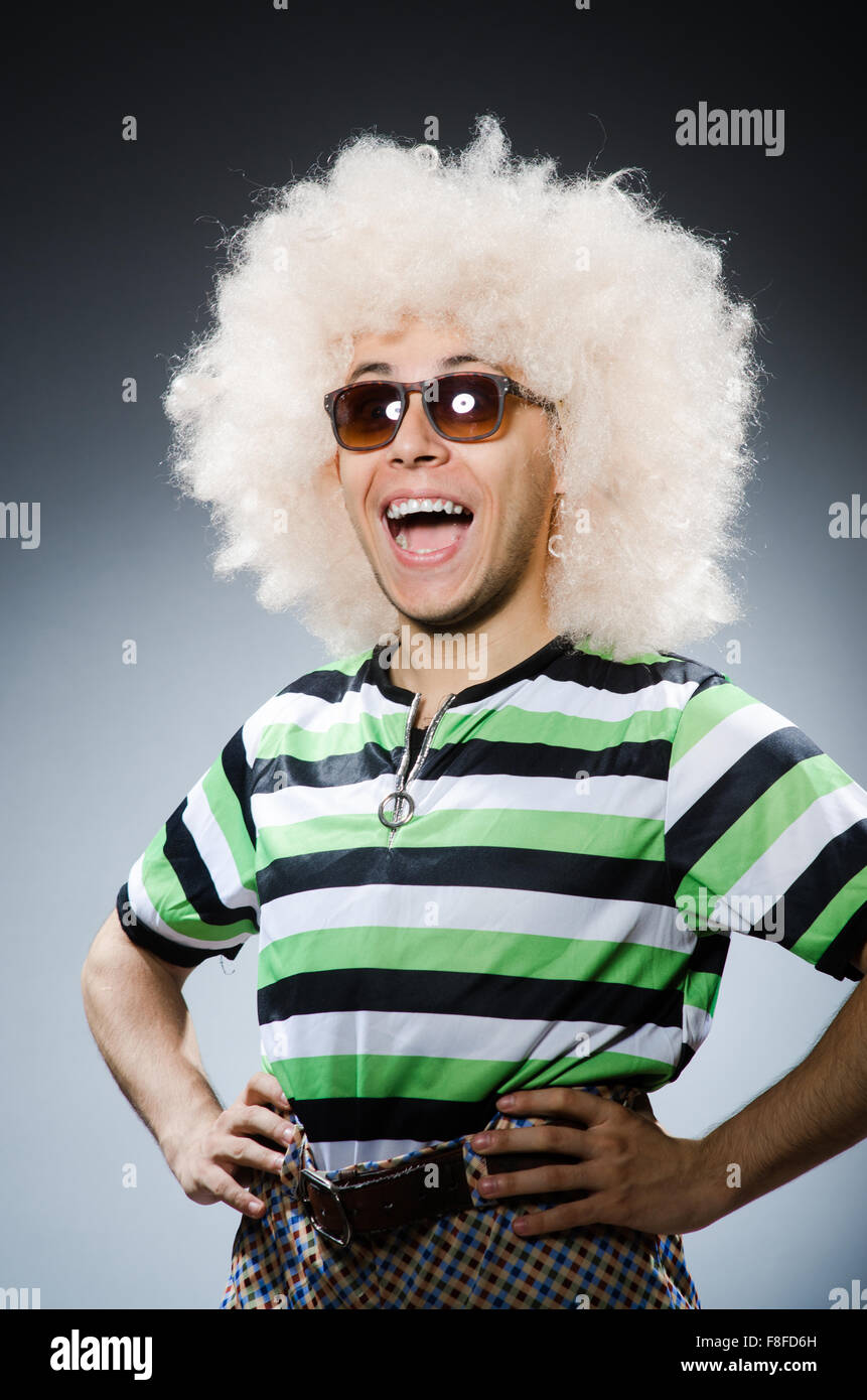 Funny man with afro hairstyle isolated on white Stock Photo - Alamy