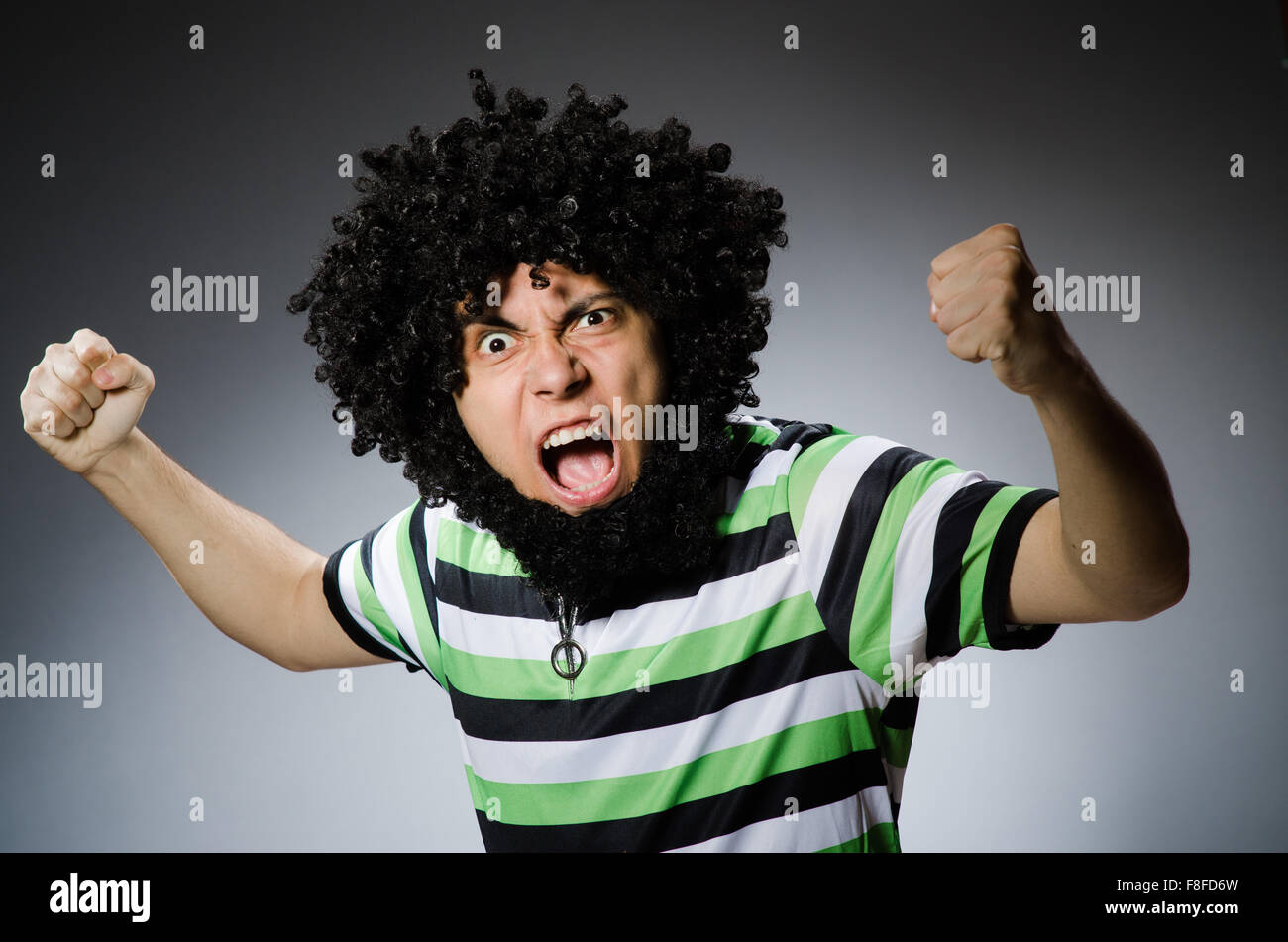 Funny man with afro hairstyle isolated on white Stock Photo - Alamy