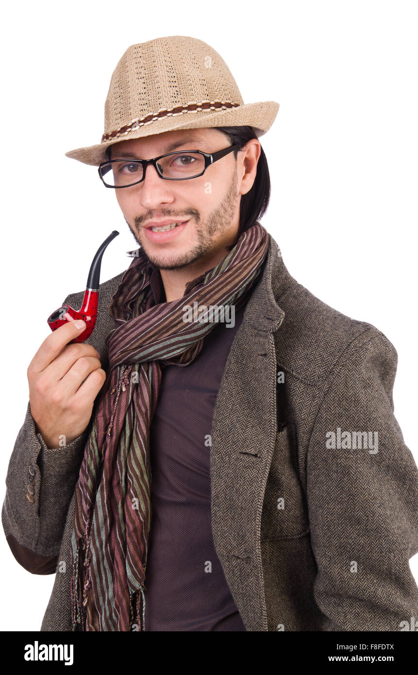 Young detective with pipe isolated on white Stock Photo - Alamy