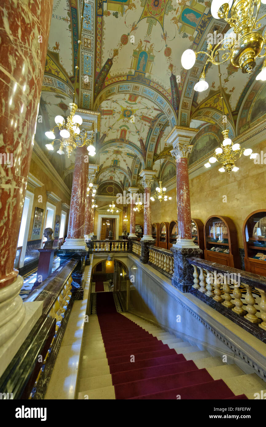 The beautiful corridor with marble columns on the first floor of the ...