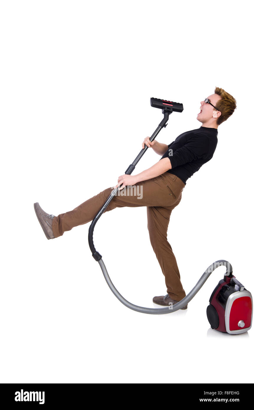 Funny man with vacuum cleaner on white Stock Photo - Alamy