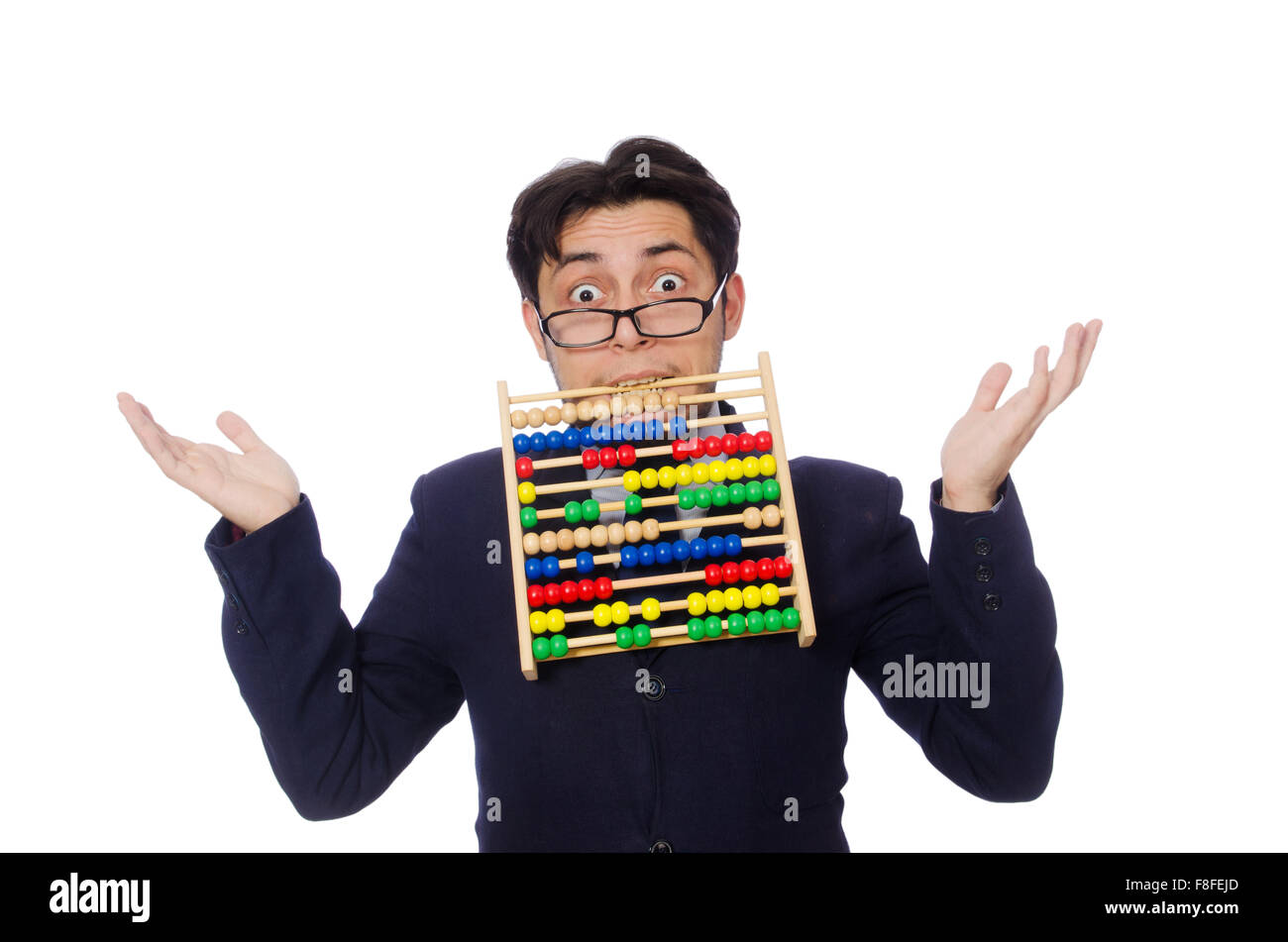 Funny businessman with abacus isolated on the white Stock Photo - Alamy