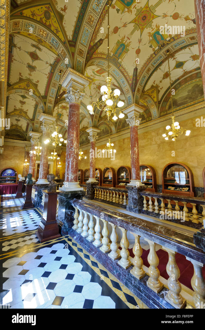 The beautiful interior with marble pillars and decorated ceiling at the ...