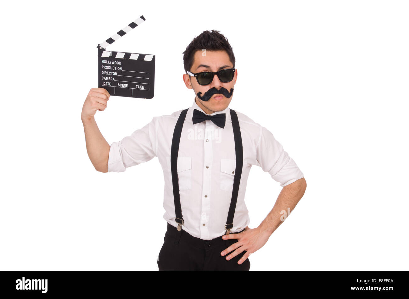 Whiskered man with clapperboard holding isolated on white Stock Photo ...