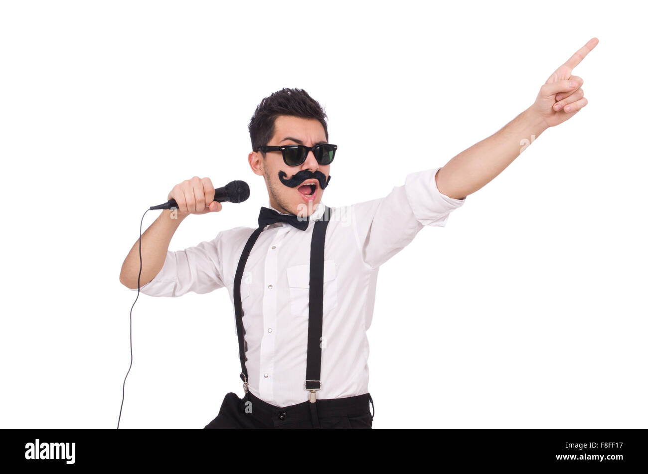 Funny man with mic isolated on white Stock Photo - Alamy