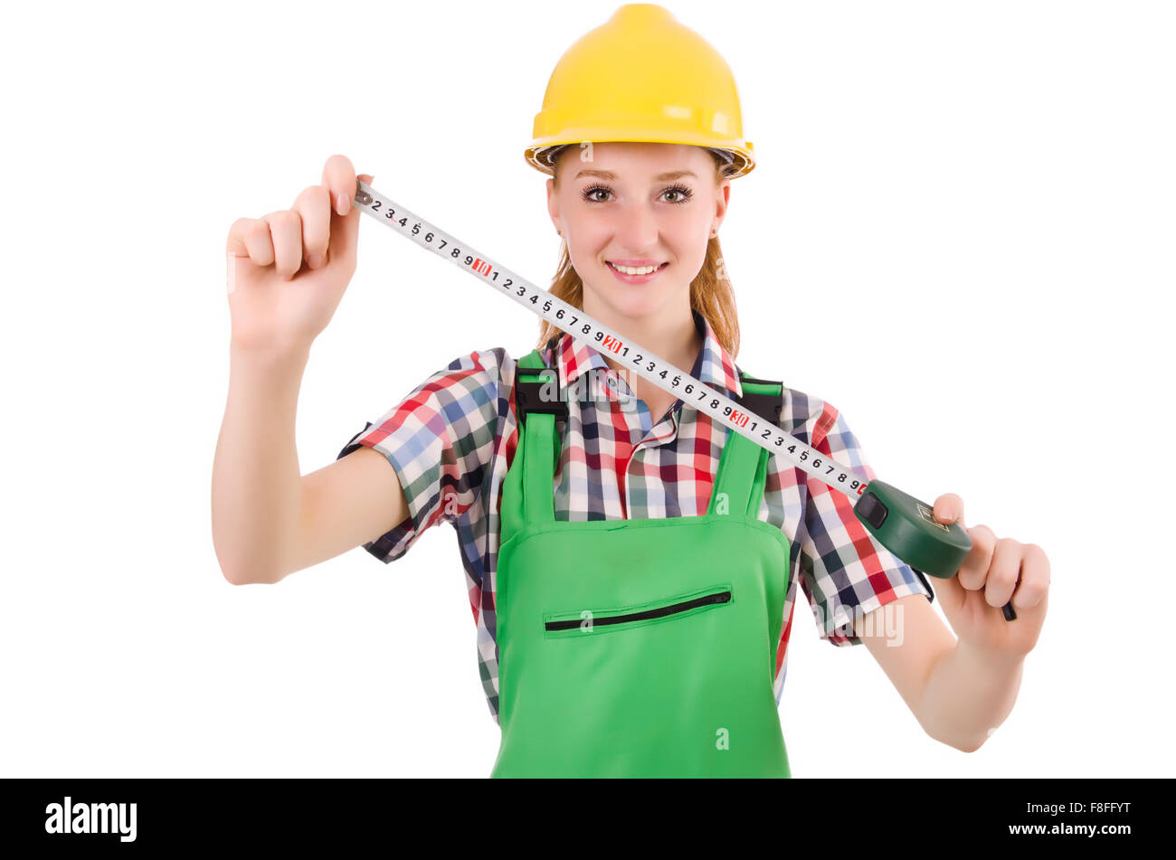 Female handyman in overalls isolated on white Stock Photo - Alamy