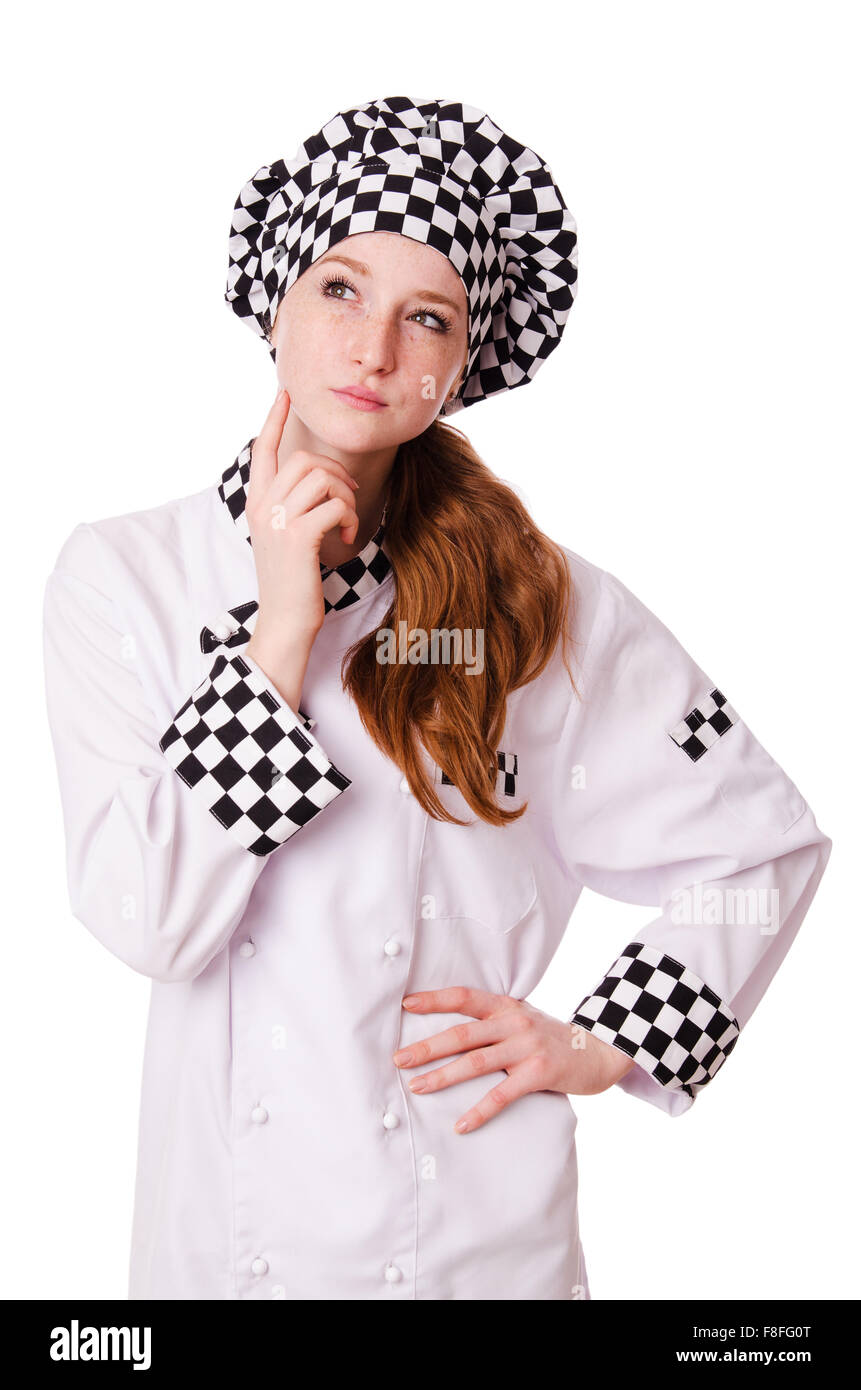 Thinking young cook female isolated on white Stock Photo - Alamy