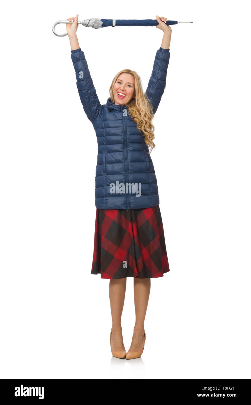 Pretty female model in blue jacket isolated on white Stock Photo - Alamy