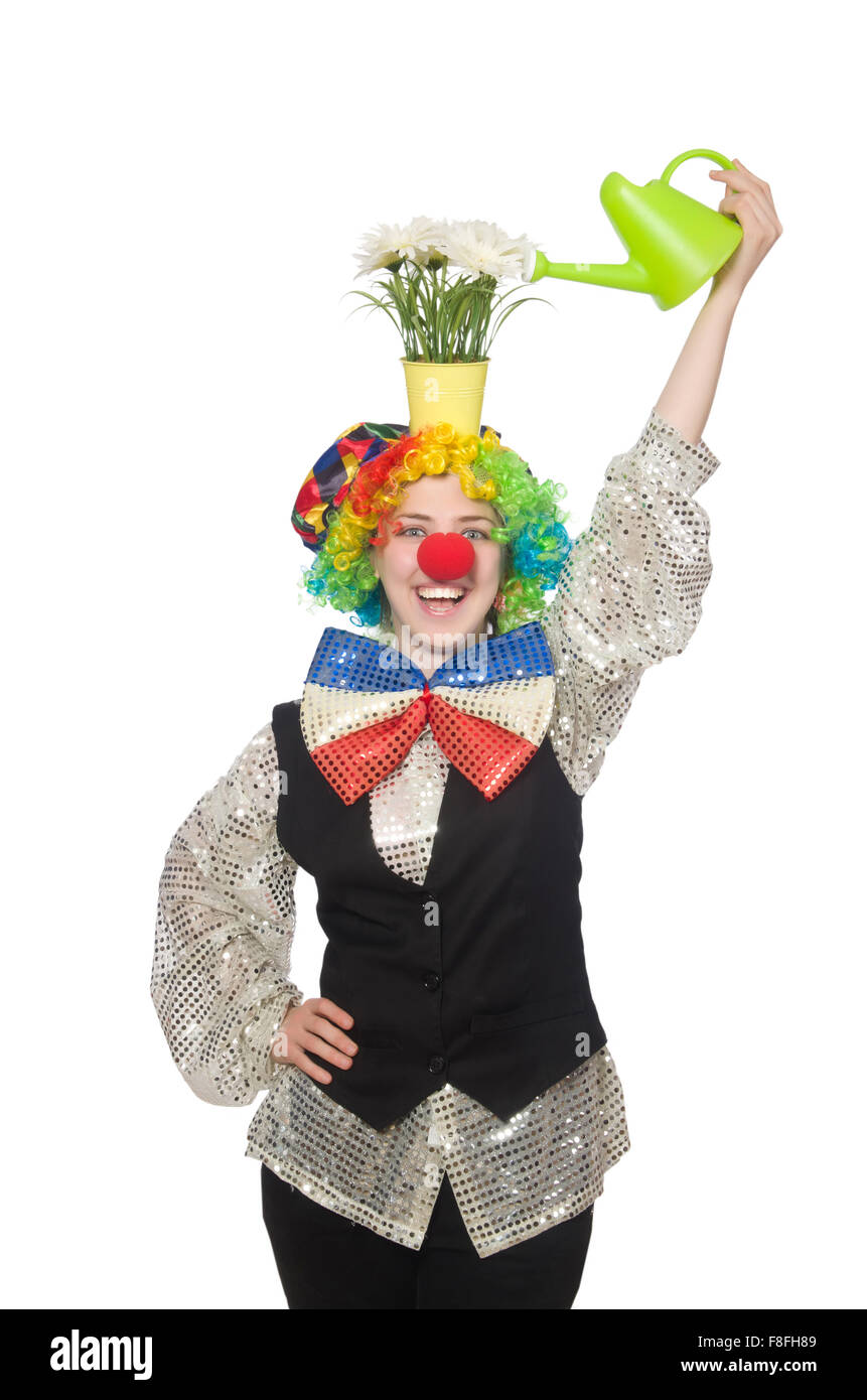 Female clown with flowers isolated on white Stock Photo - Alamy