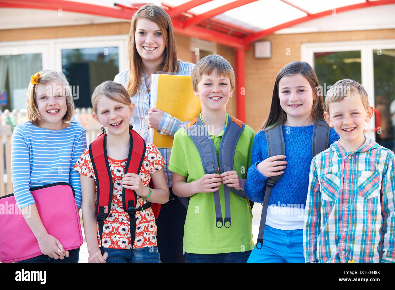 Portrait Of School Pupils Outside Classroom With Teacher Stock Photo ...