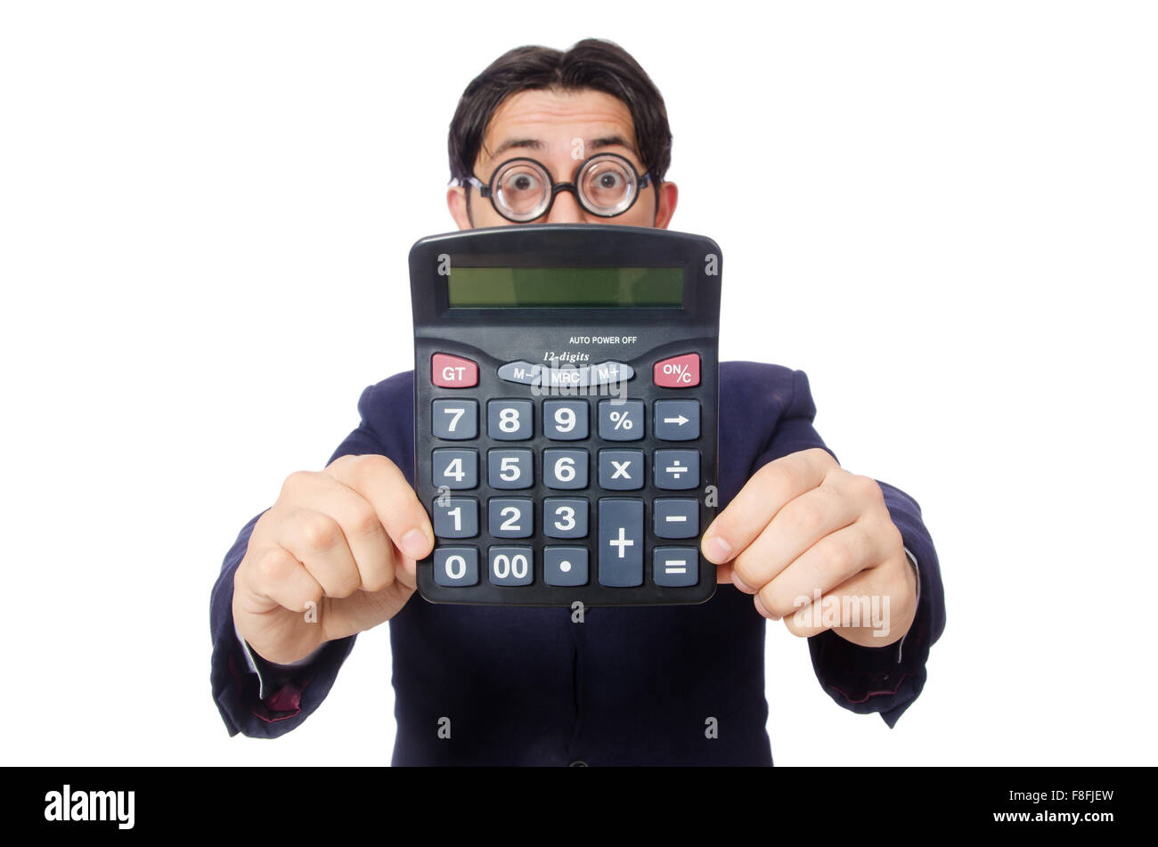 Funny man with calculator isolated on white Stock Photo - Alamy